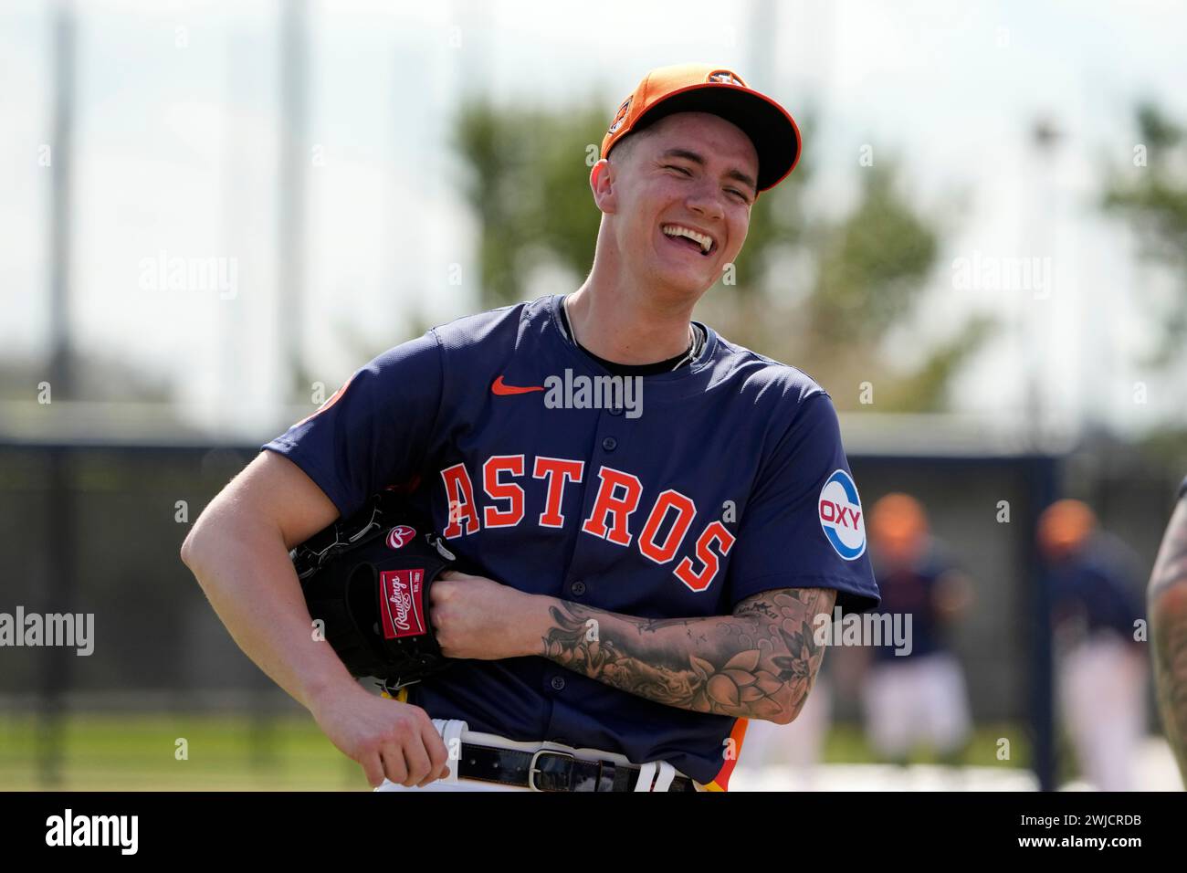 Houston Astros pitcher Hunter Brown smiles during a spring training ...