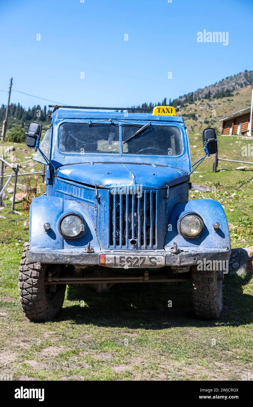 4x4 taxi in the mountain valley near Altyn Arashan, Kyrgyzstan Stock ...