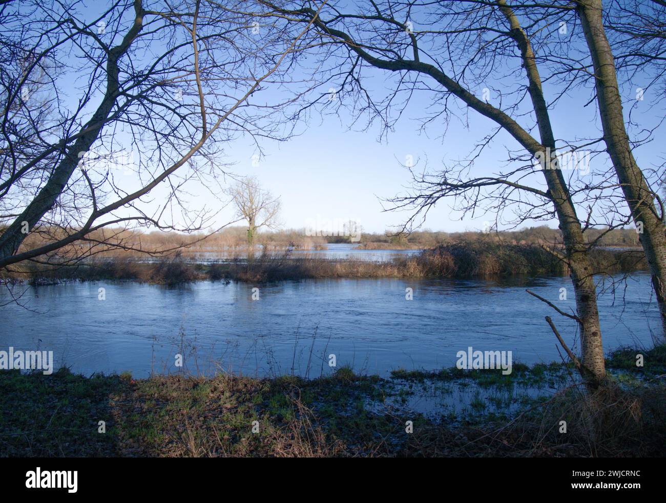 Fast flowing Kennet River in flood with flooded fields behind Stock ...
