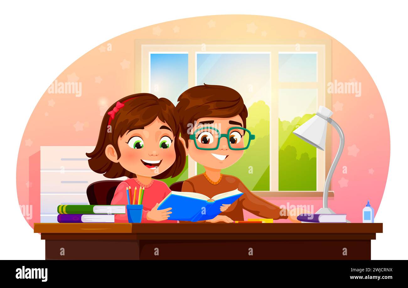 Cartoon boy and girl studying a homework. Cheerful children reading a ...