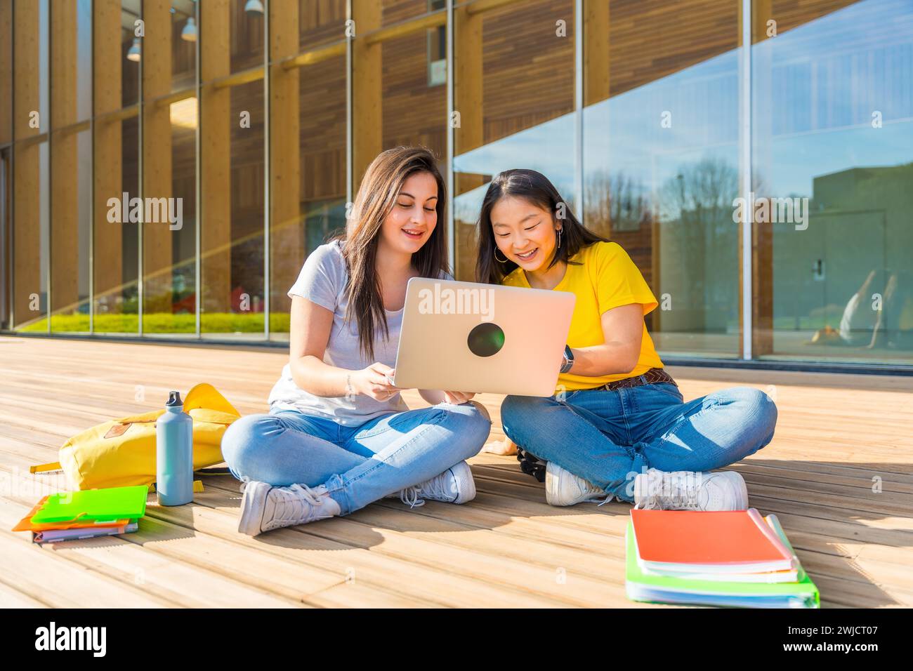 Frontal photo of two multi-ethnic female friends using laptop sitting ...