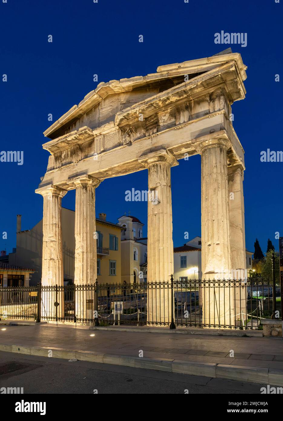 Gate of Athena Archegetis illuminated against the blue night sky, Roman ...