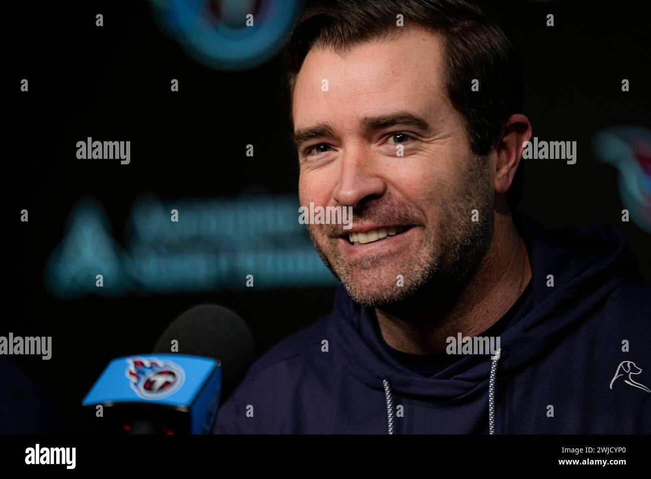 Tennessee Titans head coach Brian Callahan responds to questions during ...