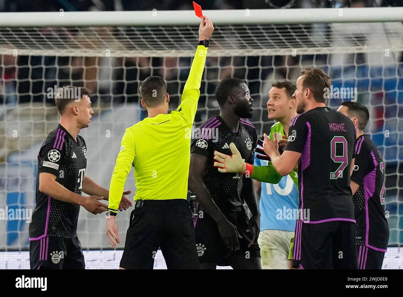 Bayern's Dayot Upamecano receives a red card by referee Francois ...