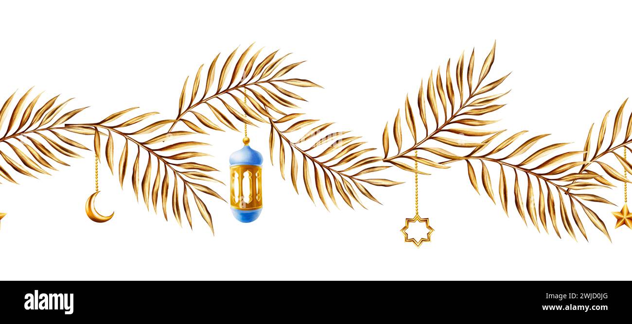 Watercolor seamless border with Islamic arabian golden crescent moon ...