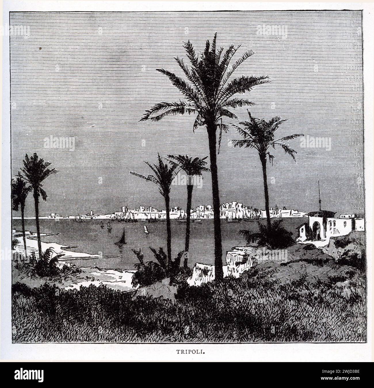 Engraving of Tripoli, the capital of Libya, circa 1900. Tripoli was ...