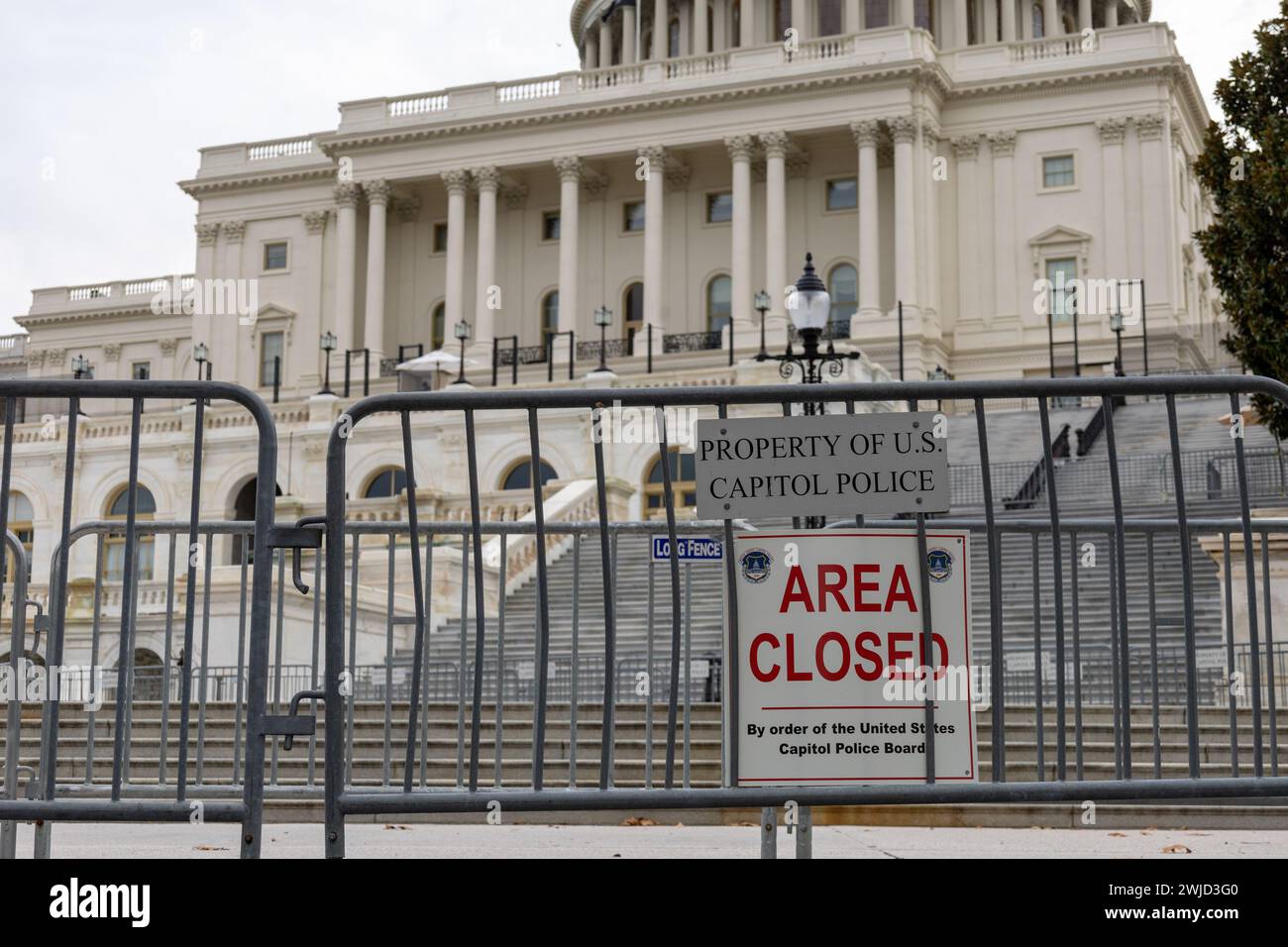 Steps of US capitol building with area closed sign. No visible people ...