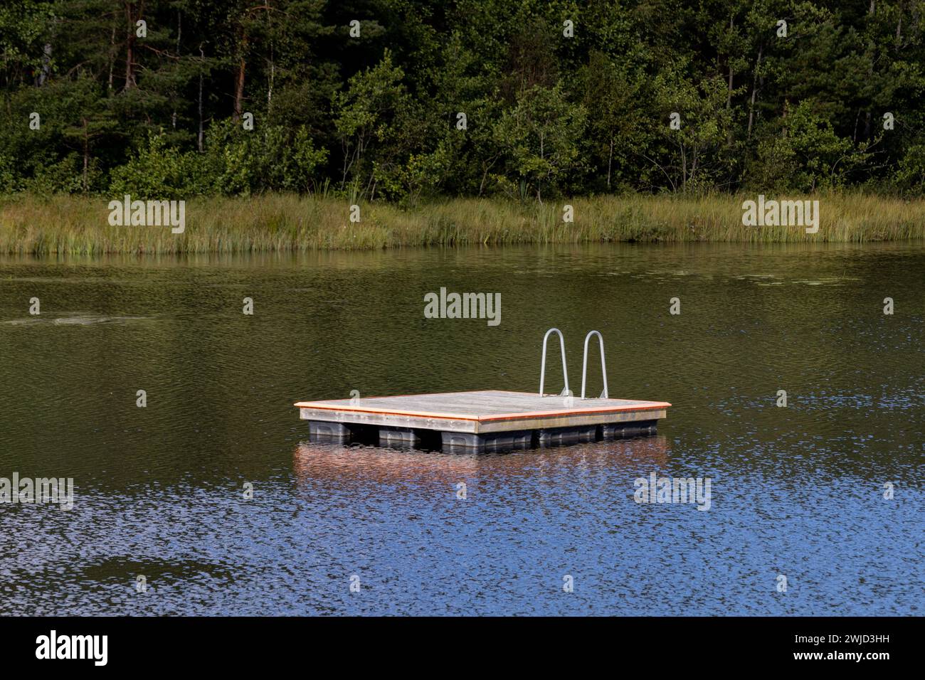 Swimming raft with ladder in the middle of a lake. Shot in Sweden ...