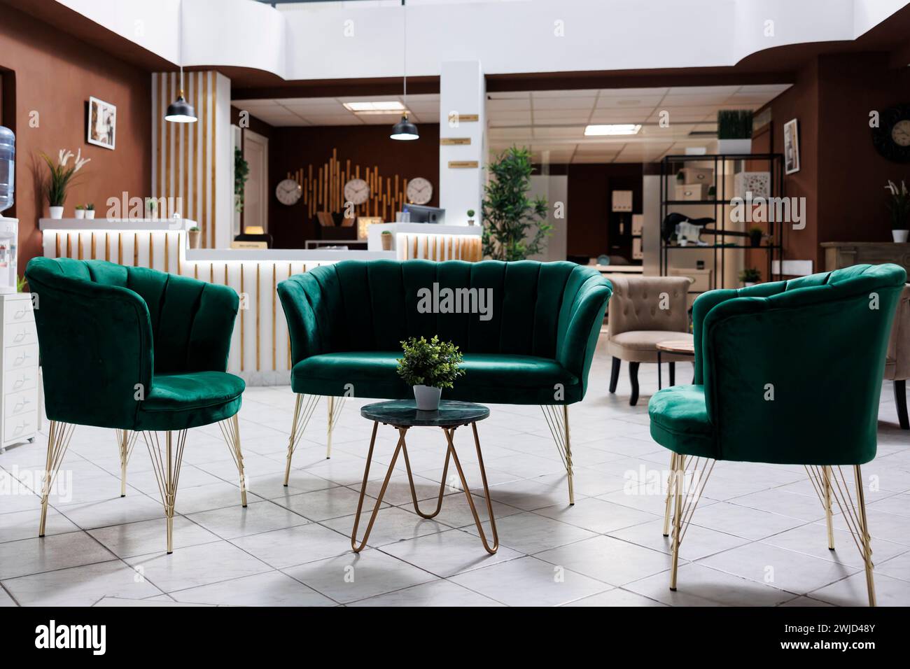 Luxury lounge area in hotel reception with modern decorations and ...