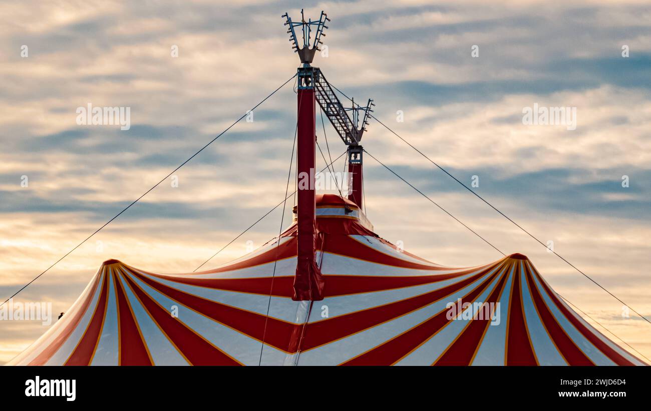 Summer view with a red and white circus tent at Landau, Isar, Bavaria, Germany Landau, aw 017 ...