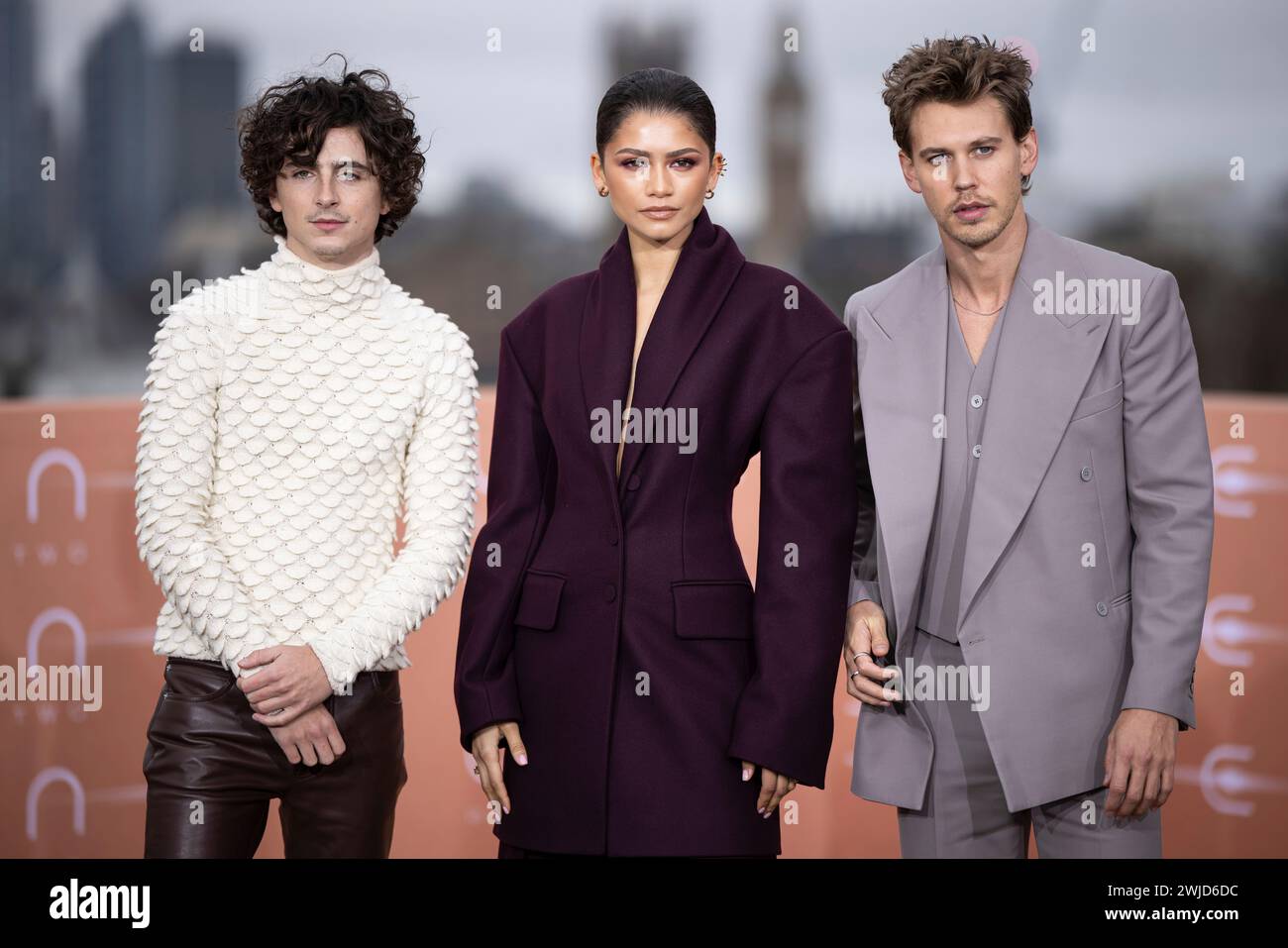 Timothee Chalamet, from left, Zendaya and Austin Butler pose for photographers at the photo call ...