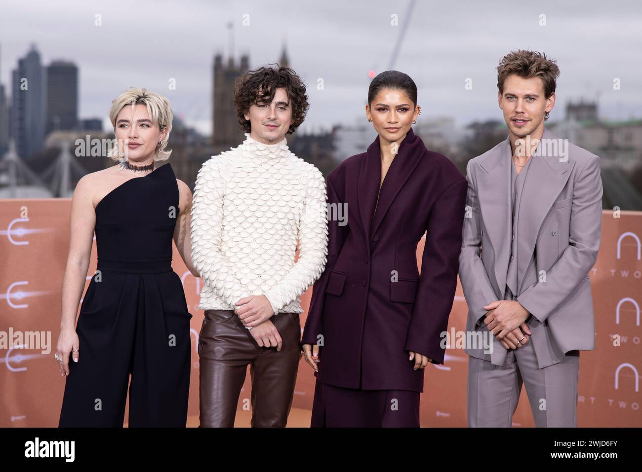 Florence Pugh, from left, Timothee Chalamet, Zendaya and Austin Butler pose for photographers at ...