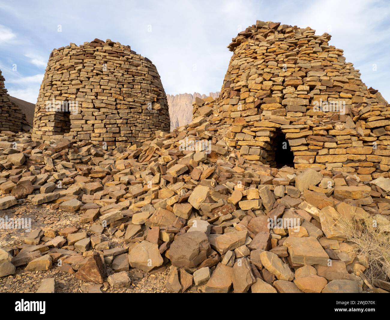 Wadi Al Aya Beehive Tombs, with the Jebel Misht mountain in the ...
