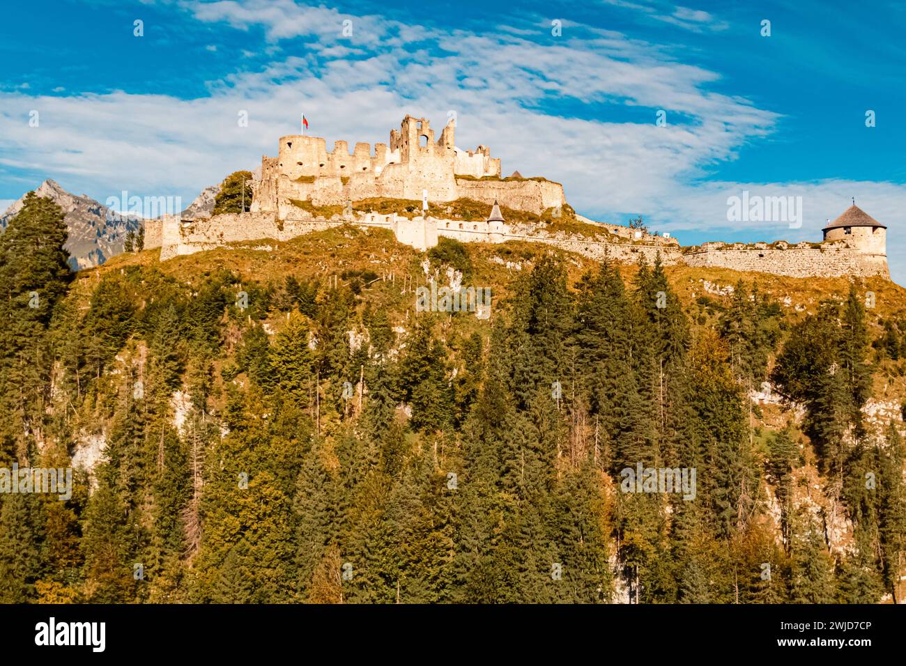 Alpine summer view at the famous Highline 179 suspension bridge and the ...
