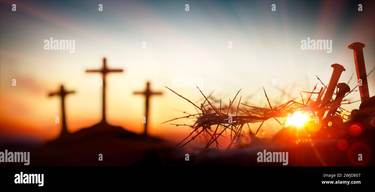 Crucifixion Calvary - Crown Of Thorns And Bloody Spikes At Sunset With ...
