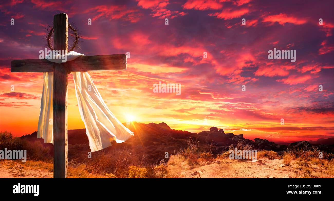 Cross With Robe And Crown Of Thorns On Hill At Sunset - Calvary And ...