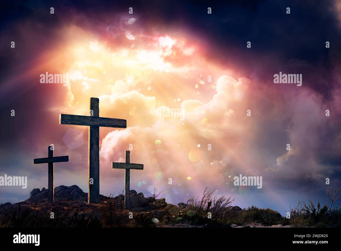 Resurrection - Crosses On Hill At Sunset - Abstract Glittering In The ...