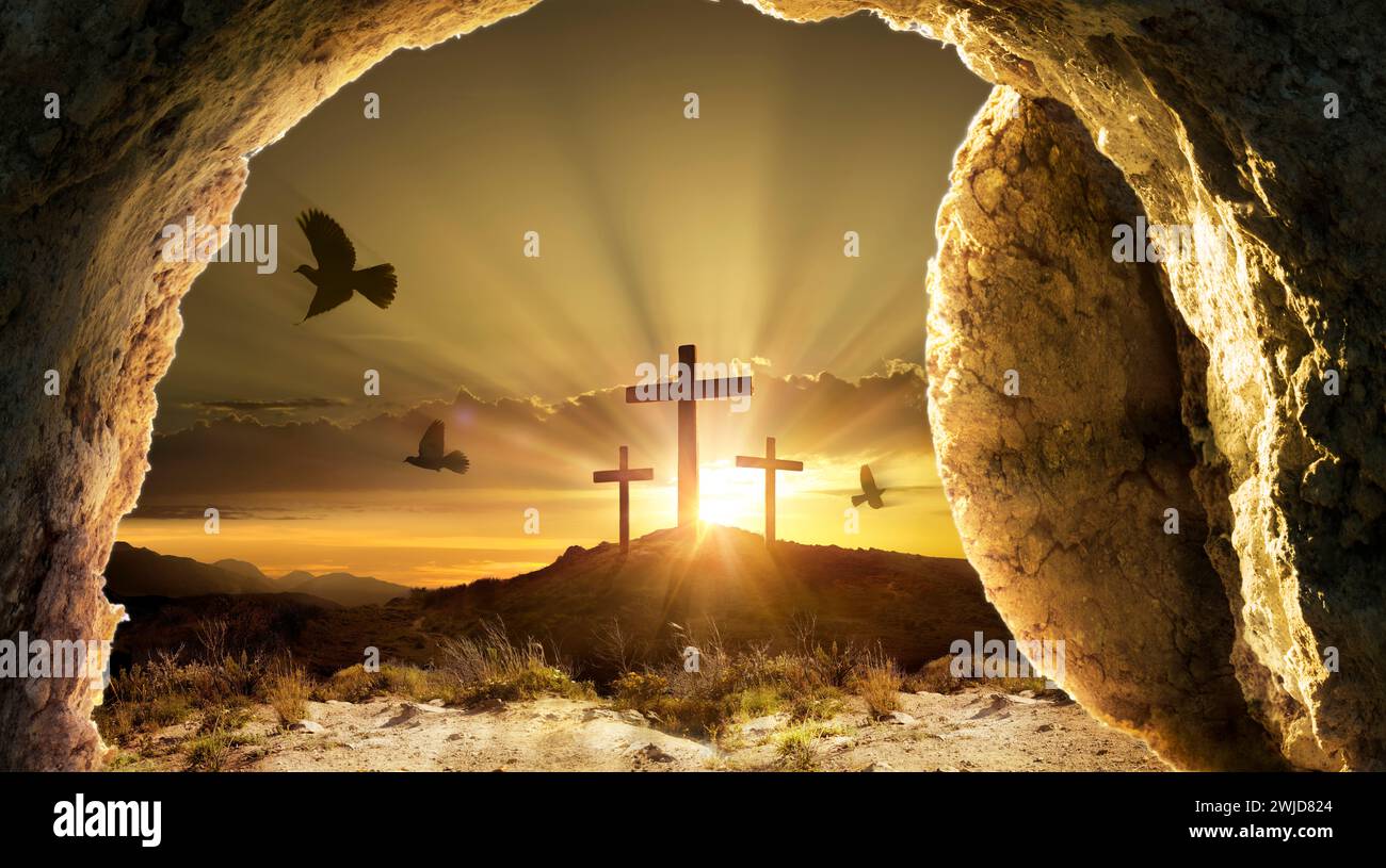 Resurrection - Empty Tomb With Rolled Stone And Doves Flying Out Of ...