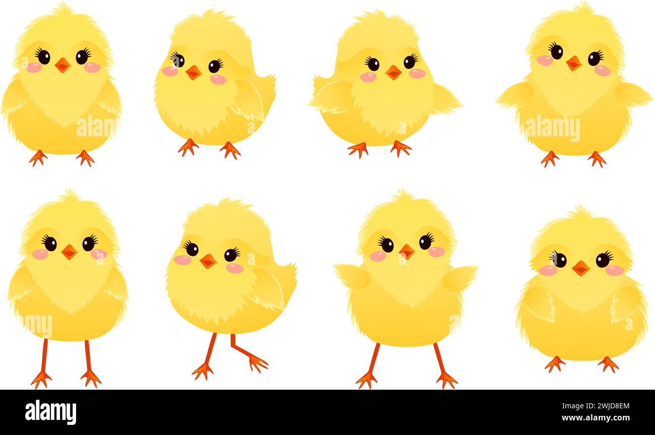 Collection of cute cartoon chickens. Yellow funny Easter chickens ...