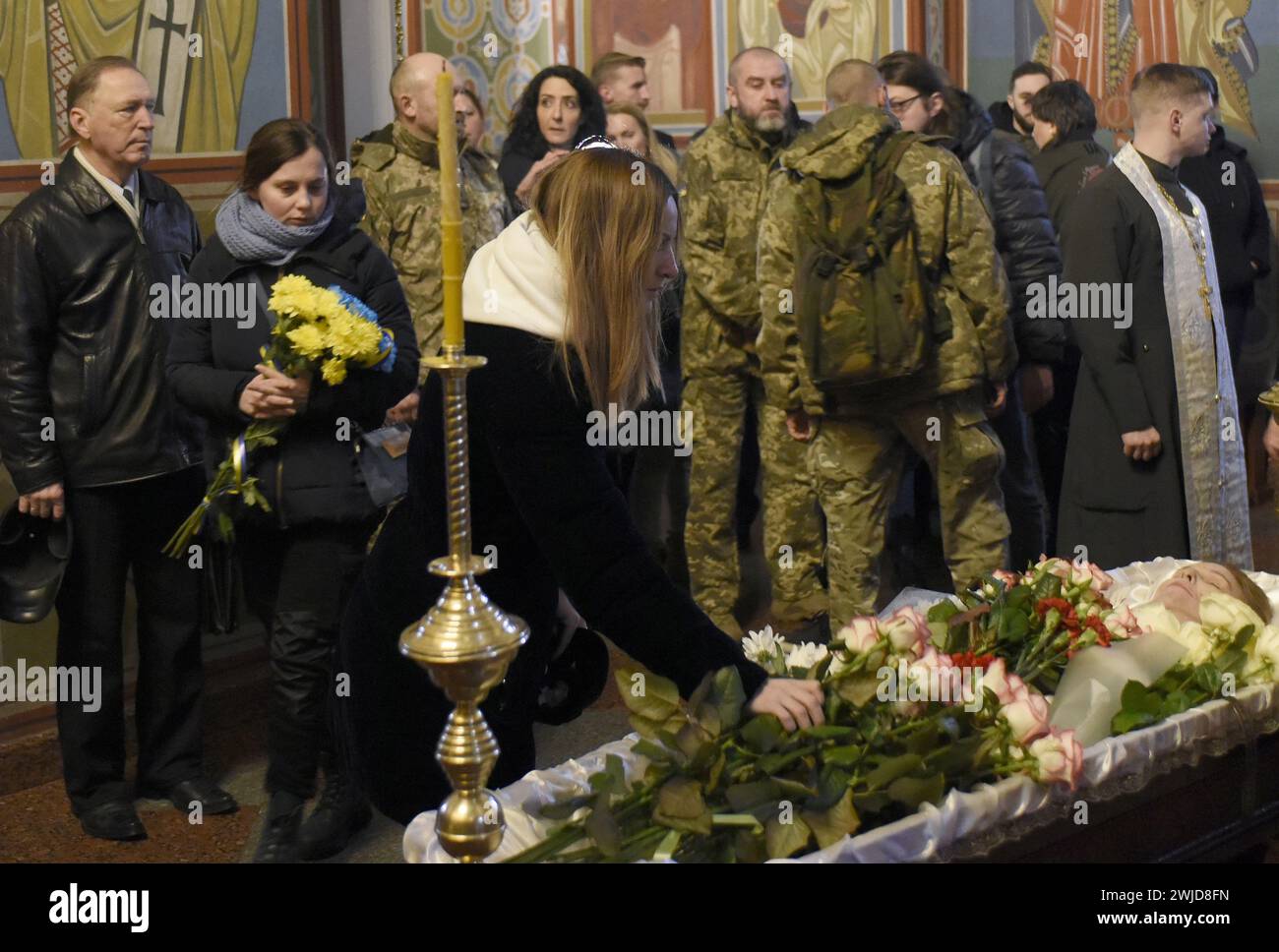 Non Exclusive: KYIV, UKRAINE - FEBRUARY 14, 2024 - Members of the public pay their late respects ...