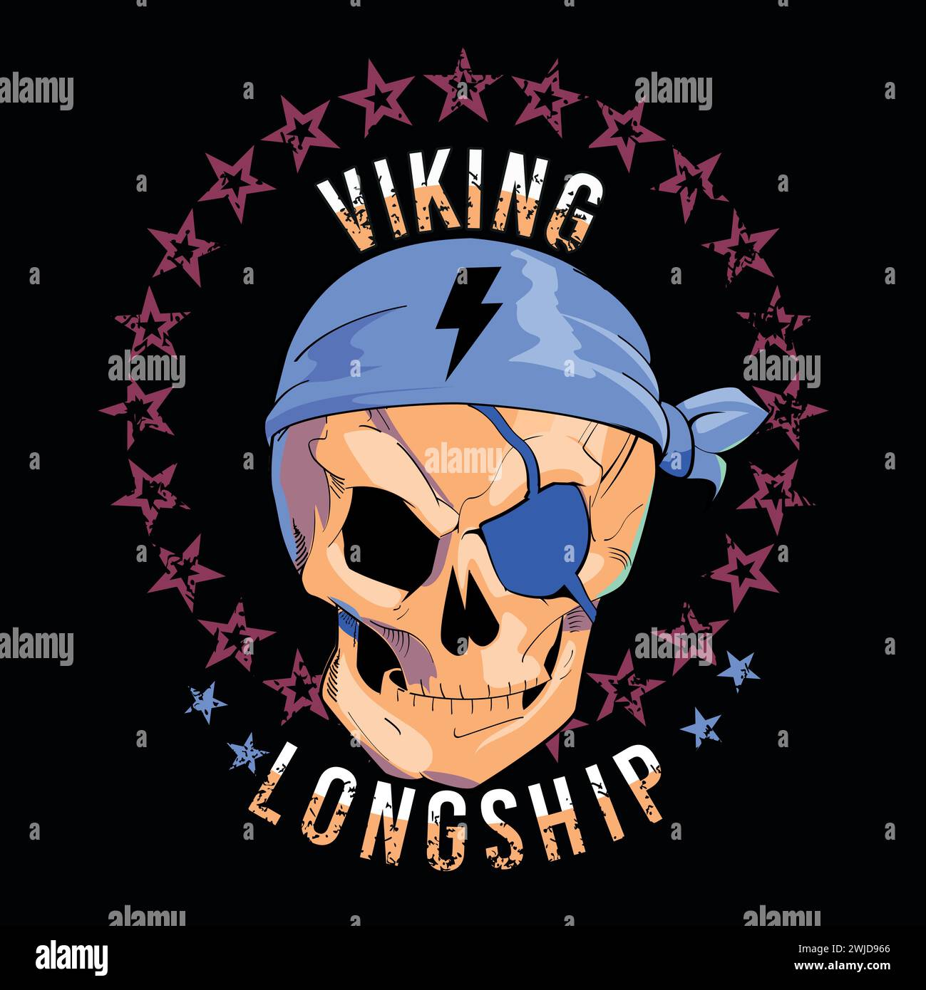 Viking longship. Pirate skull t-shirt design with one eye patch and ...