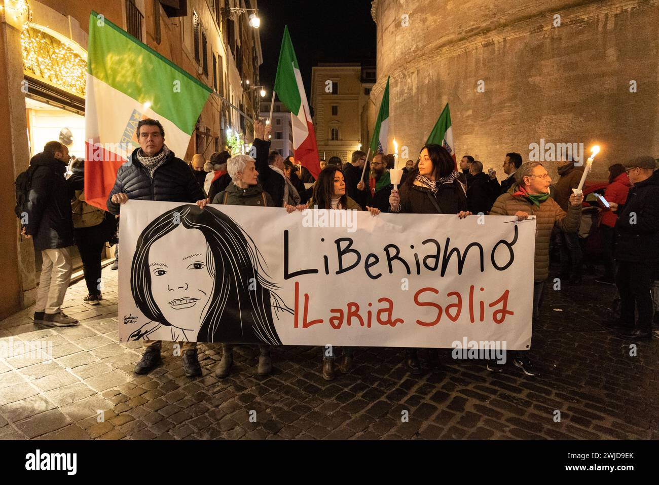 Rome, Italy. 14th Feb, 2024. A banner dedicated to Ilaria Salis during ...