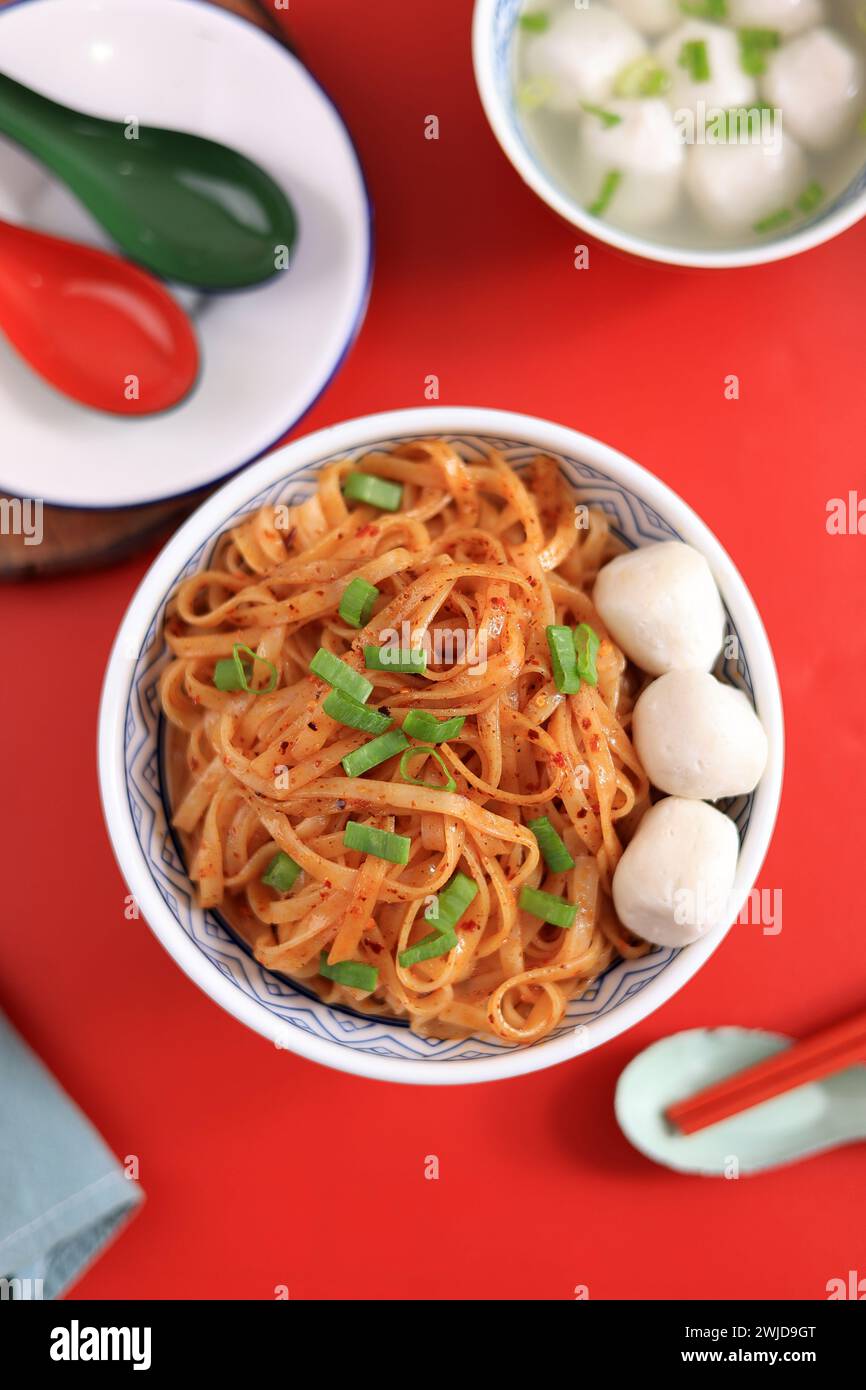 Rice Noodle with Chilli Oil and Fish Ball, Singapore Popular Food Stock ...
