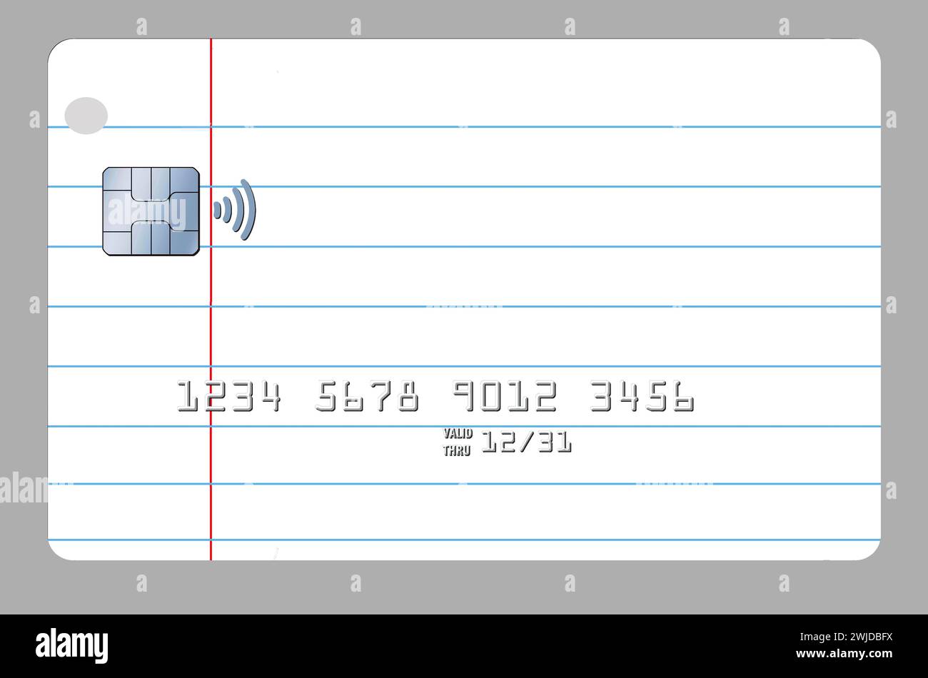 A credit card that looks like school notebook paper is seen in a 3-d ...