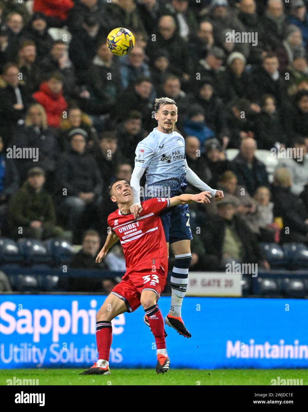 Liam Millar of Preston North End wins a header, during the Sky Bet ...