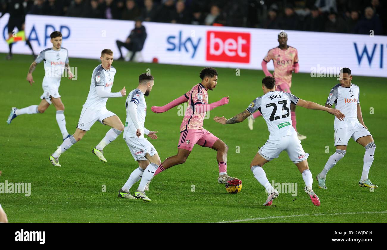 Swansea, UK. 13th Feb, 2024. Georginio Rutter of Leeds Utd (c) in ...