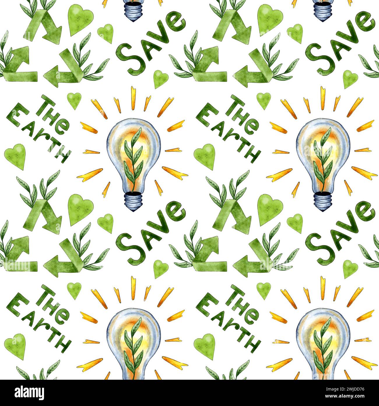 Watercolor illustration pattern of green garbage recycling sign with ...