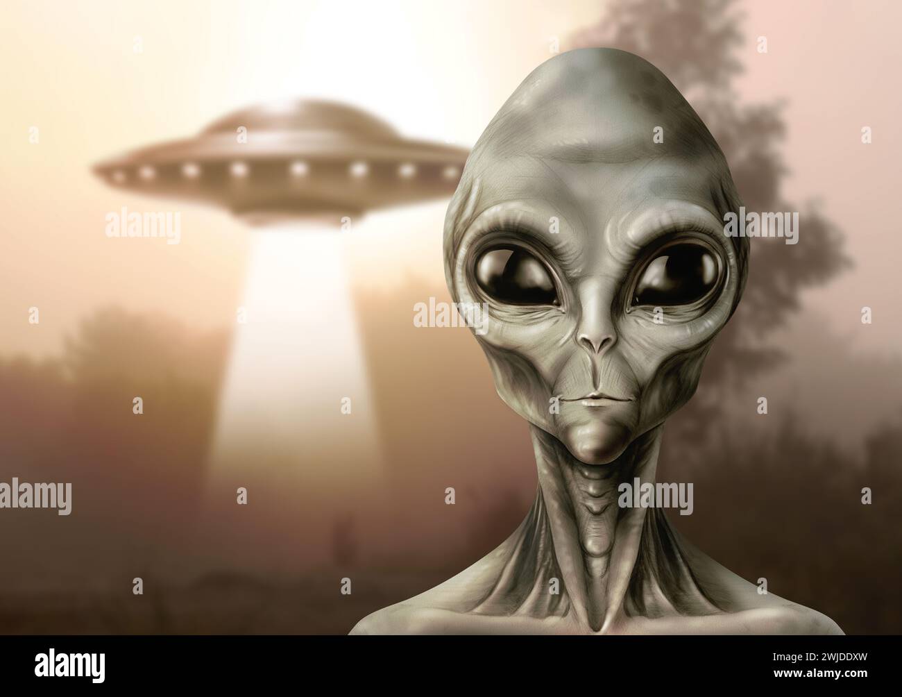 Flying saucer behind alien emitting light on foggy morning. UFO Stock ...