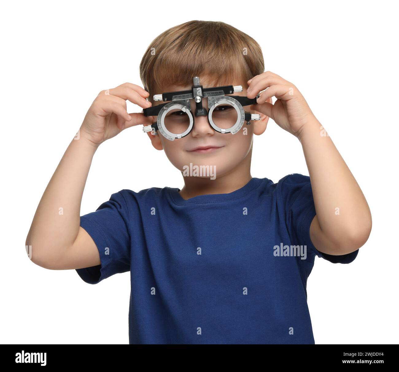 Vision testing. Little boy with trial frame on white background Stock ...