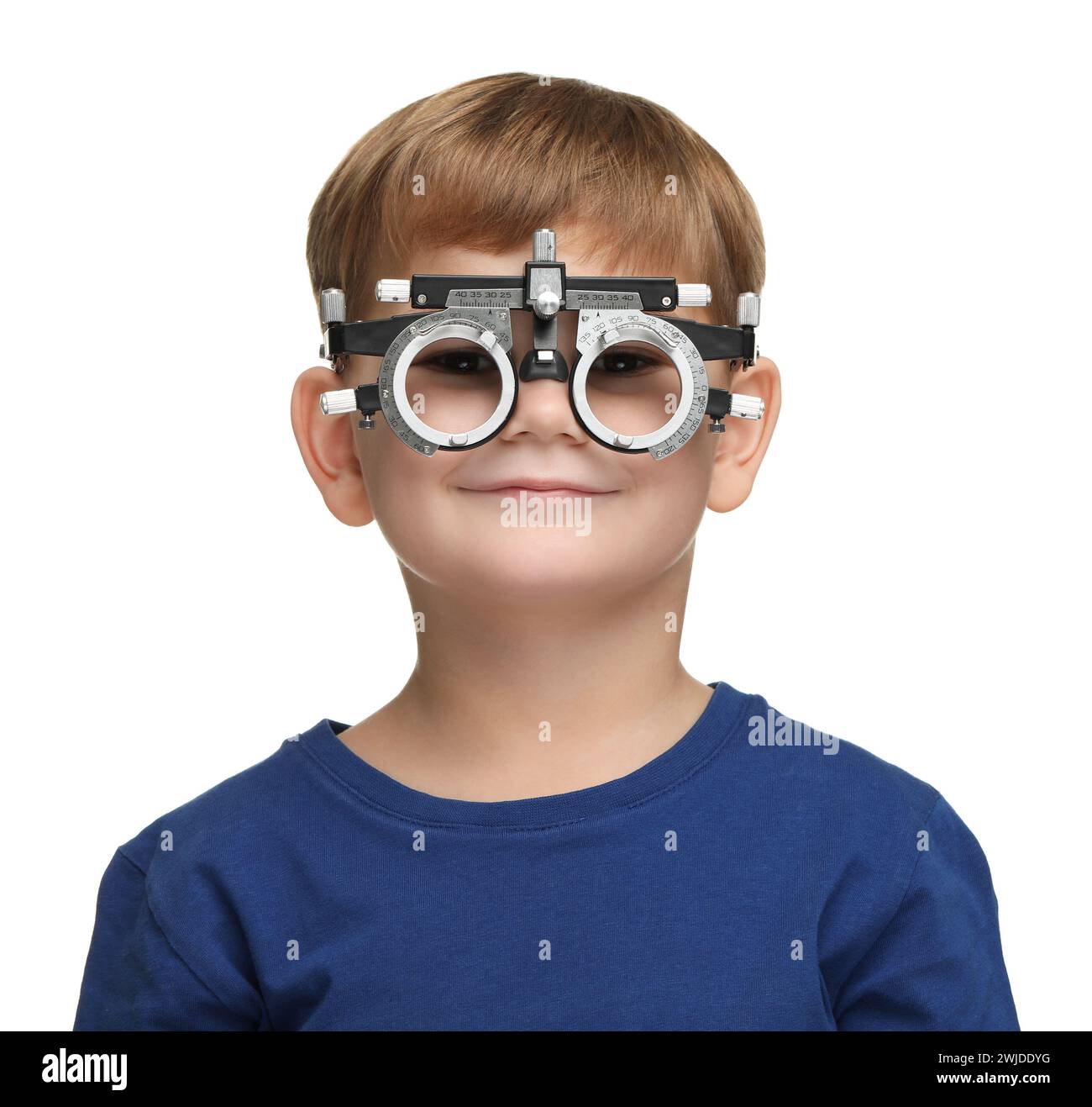Vision testing. Little boy with trial frame on white background Stock ...