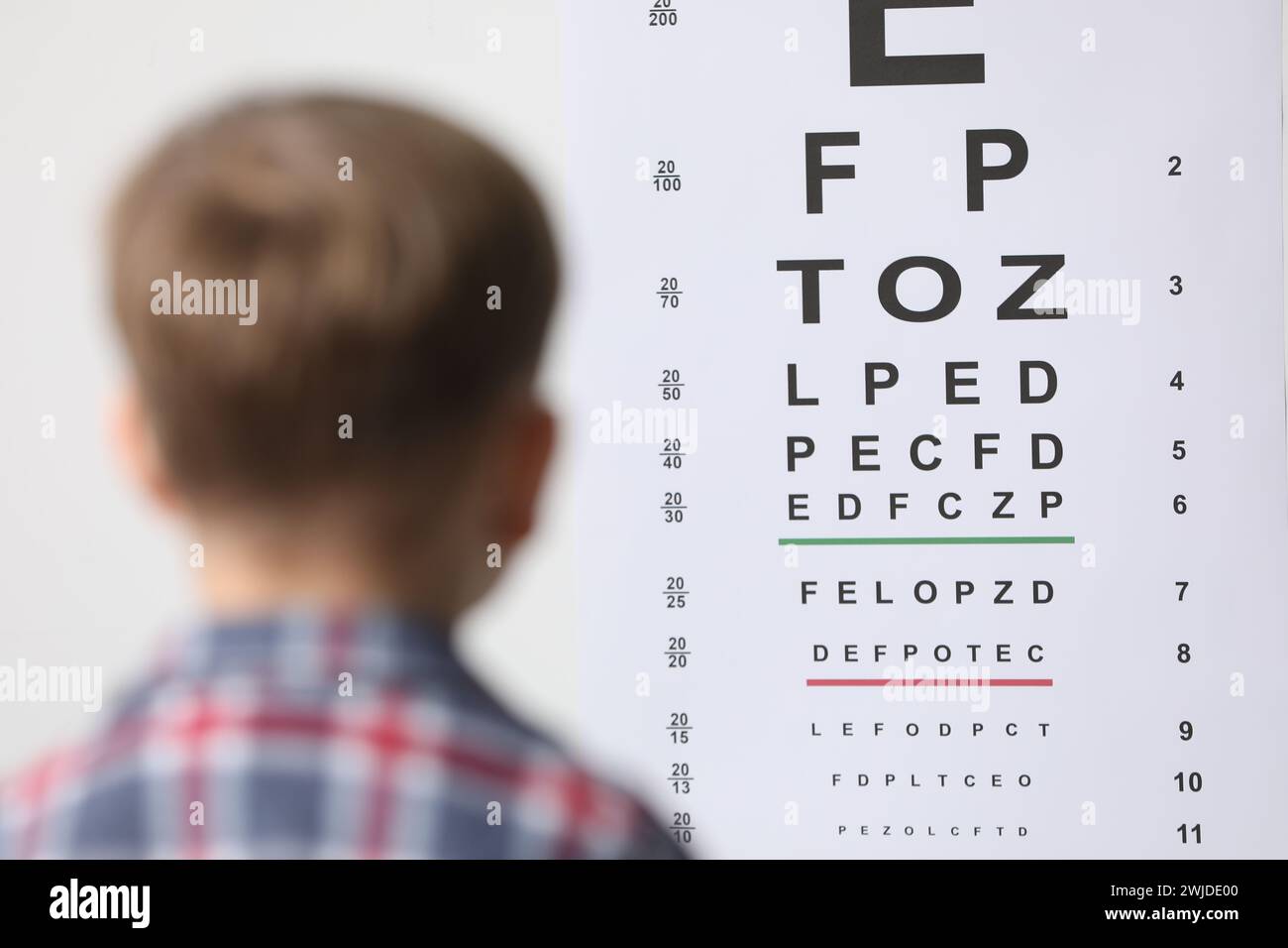 Eyesight examination. Little boy looking at vision test chart indoors ...