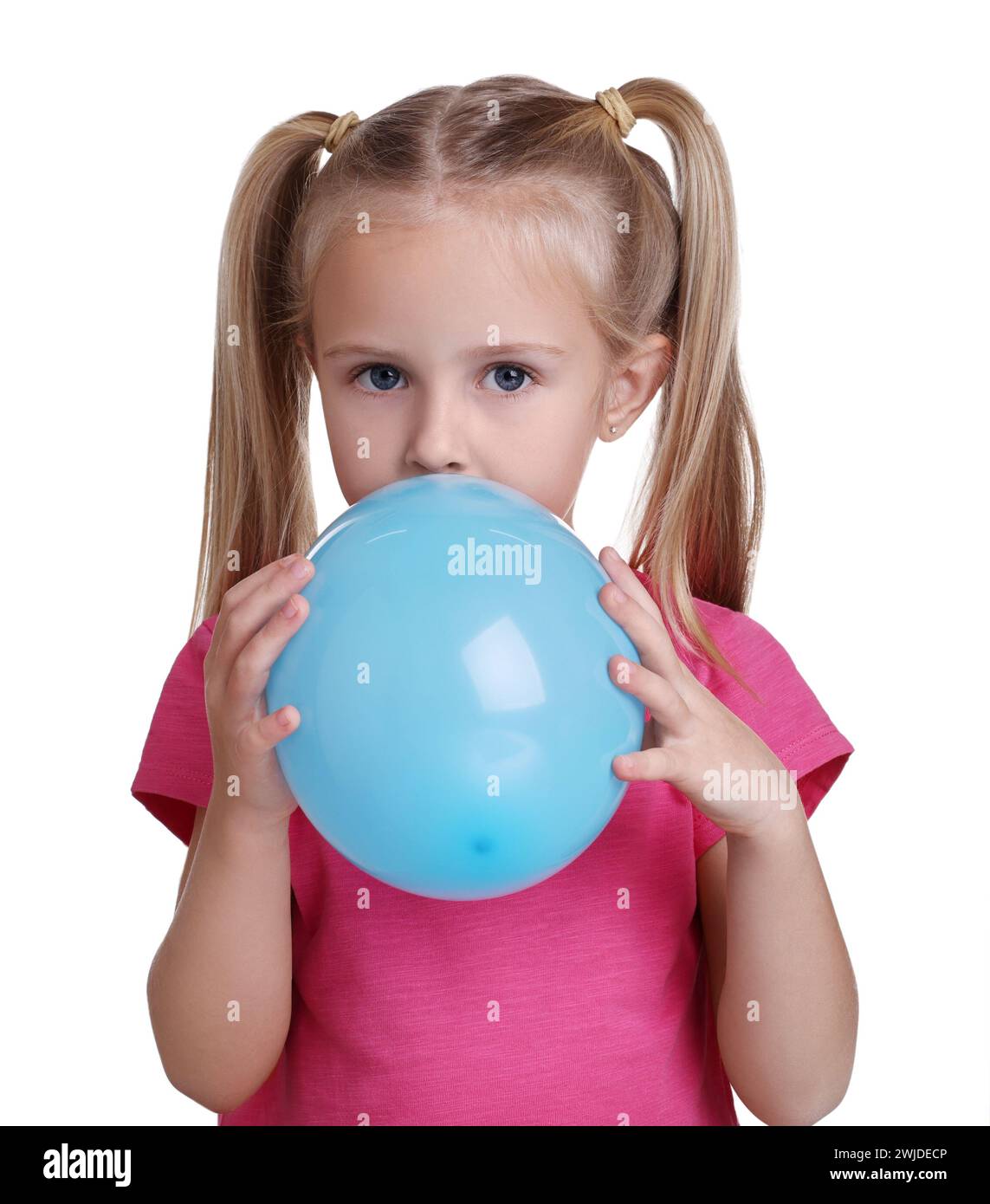 Cute little girl inflating light blue balloon on white background Stock ...