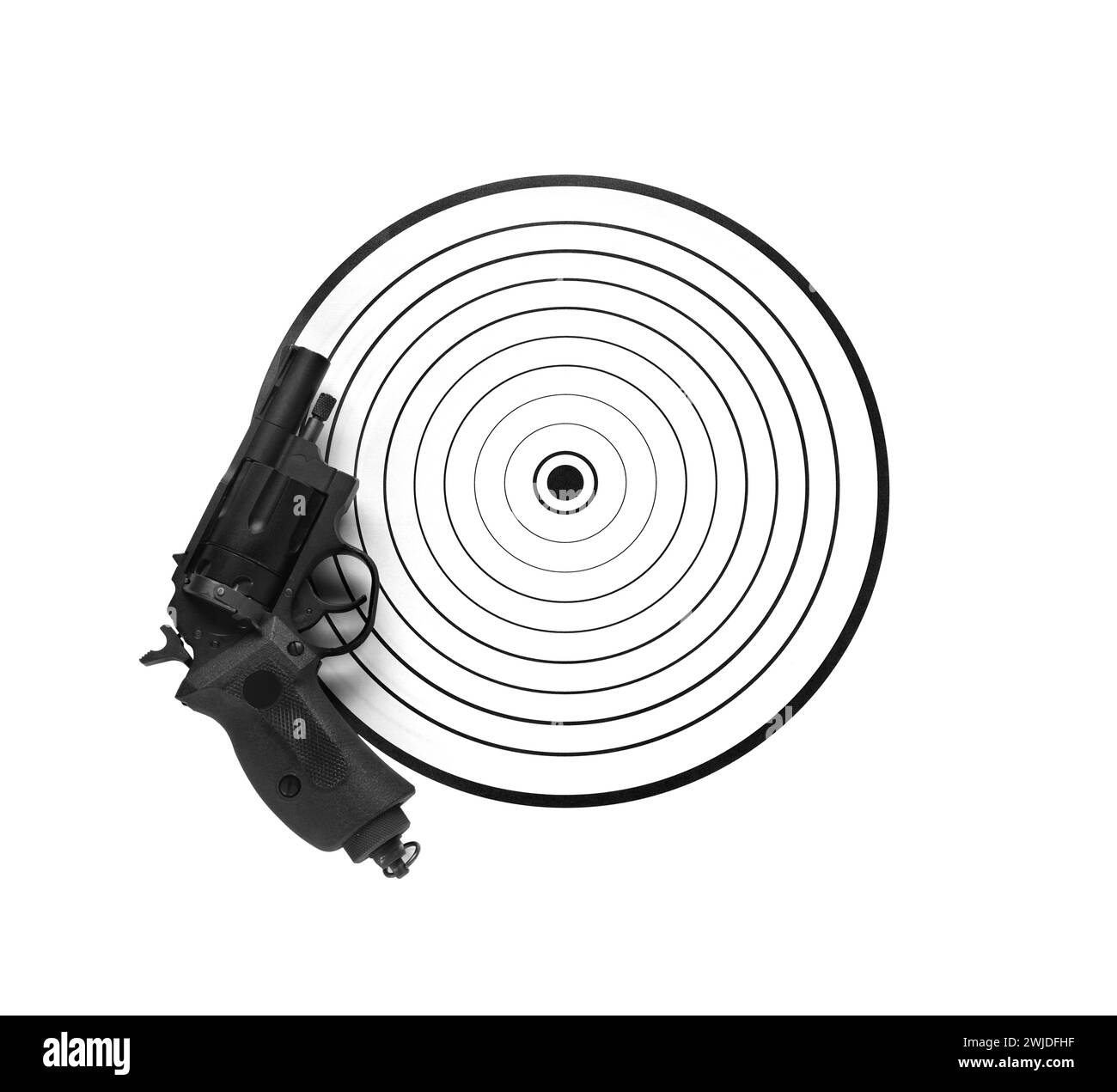 Shooting target and handgun isolated on white, top view Stock Photo - Alamy