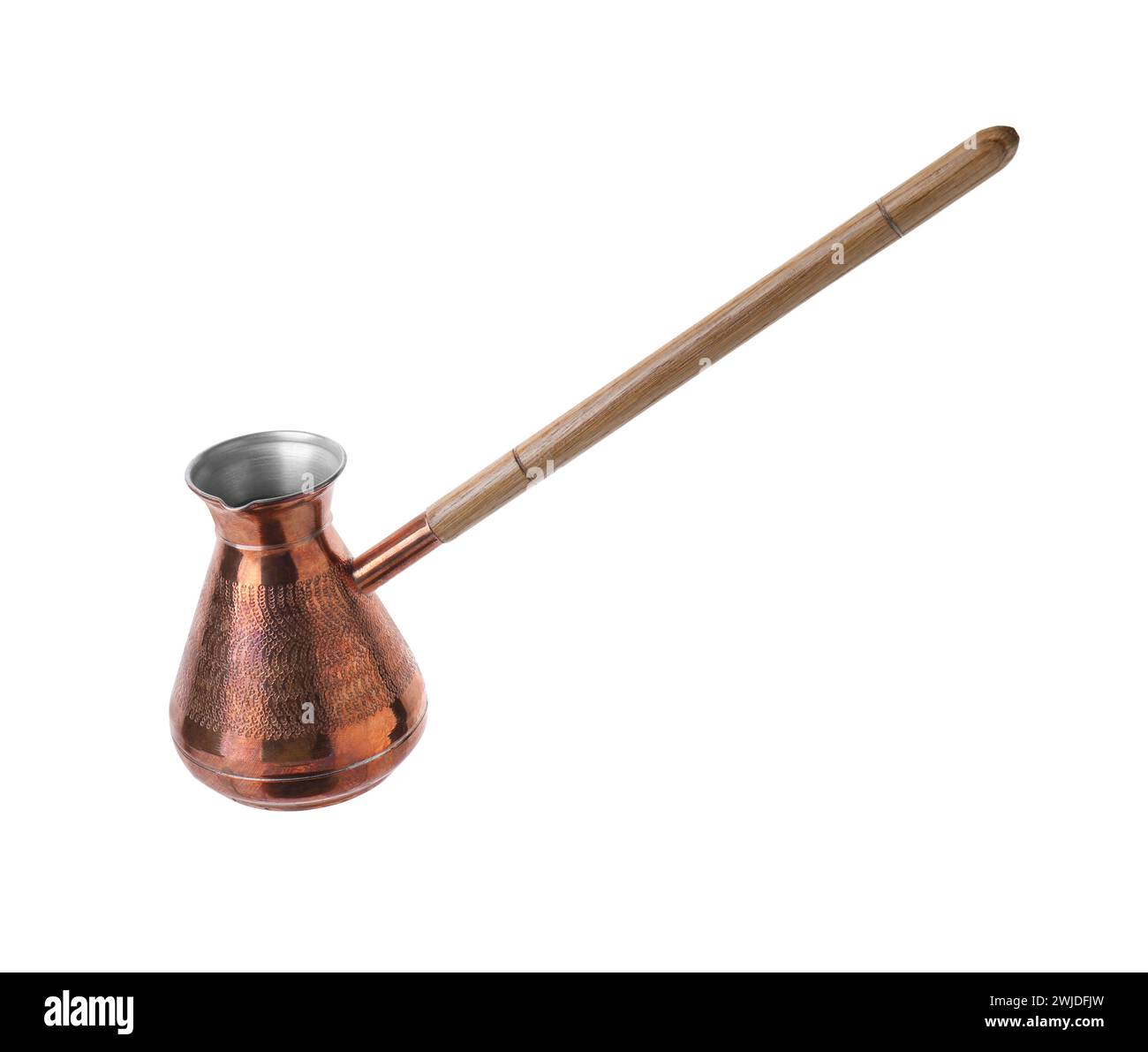 Turkish coffee. Pouring brewed beverage from cezve on white background ...