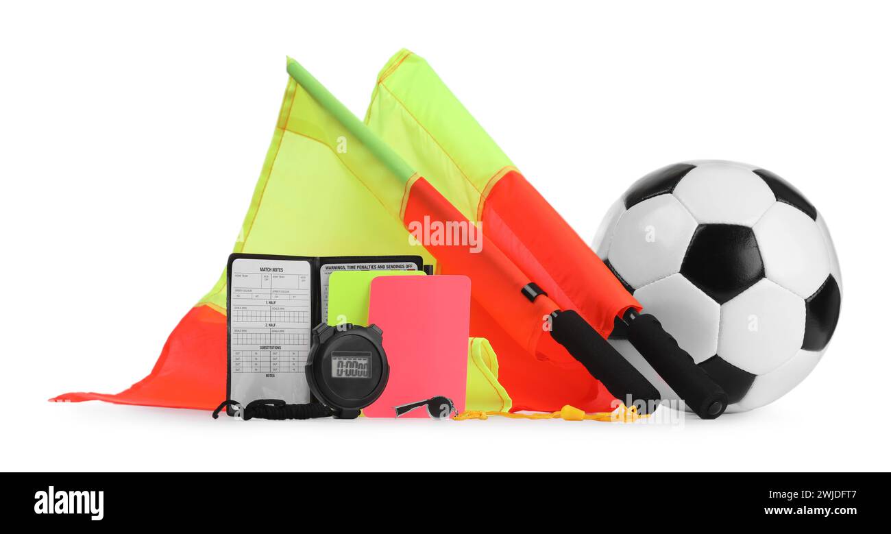 Football referee equipment. Soccer ball, flags, stopwatch, cards and ...