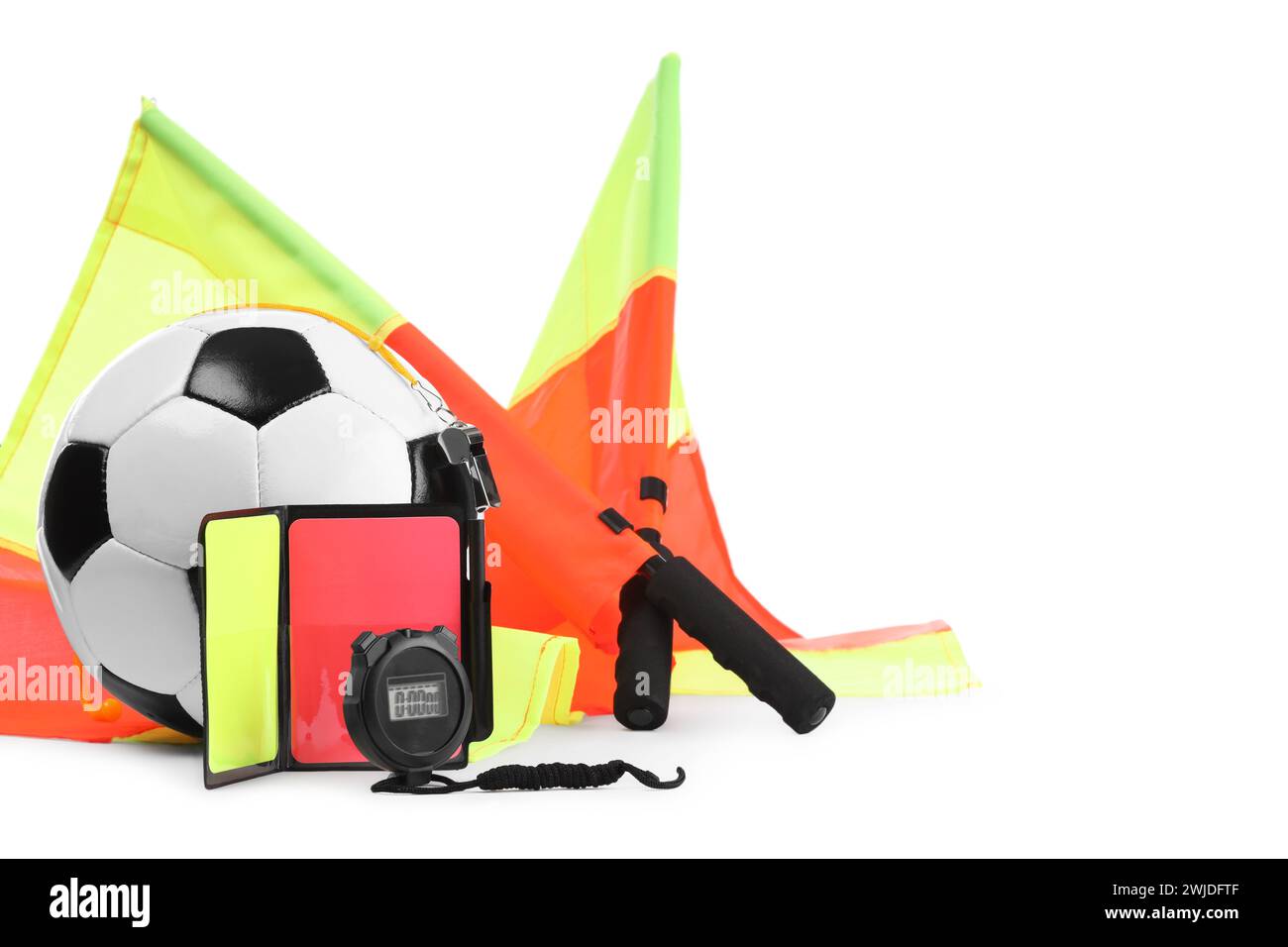 Football referee equipment. Soccer ball, flags, stopwatch, cards and ...