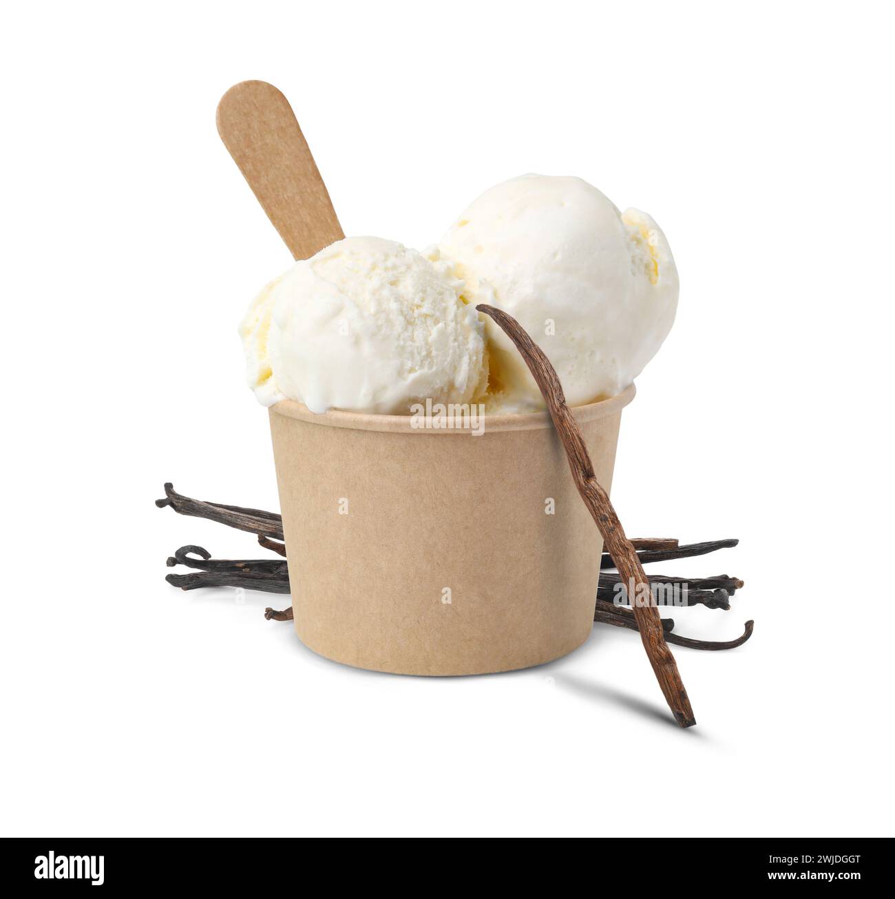 Delicious vanilla ice cream in paper cup and vanilla pods isolated on ...