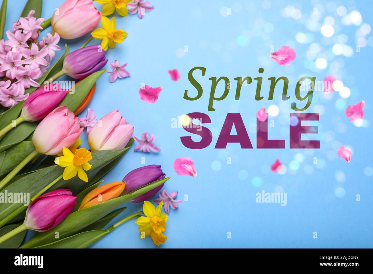 Spring sale flyer design with text and beautiful flowers on light blue ...