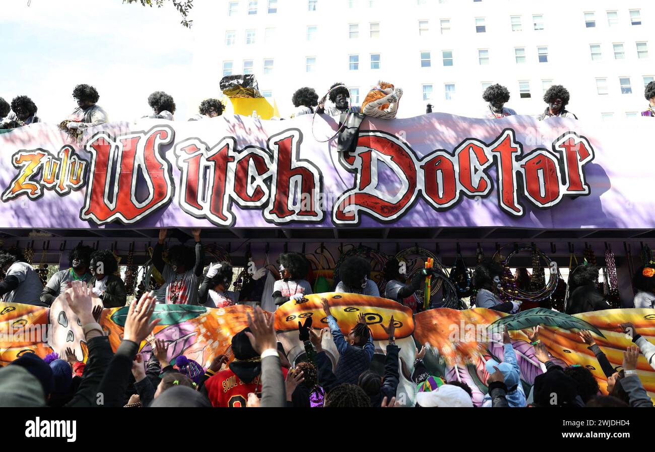 New Orleans, USA. 13th Feb, 2024. The Witch Doctor float passes through during the Zulu Parade ...