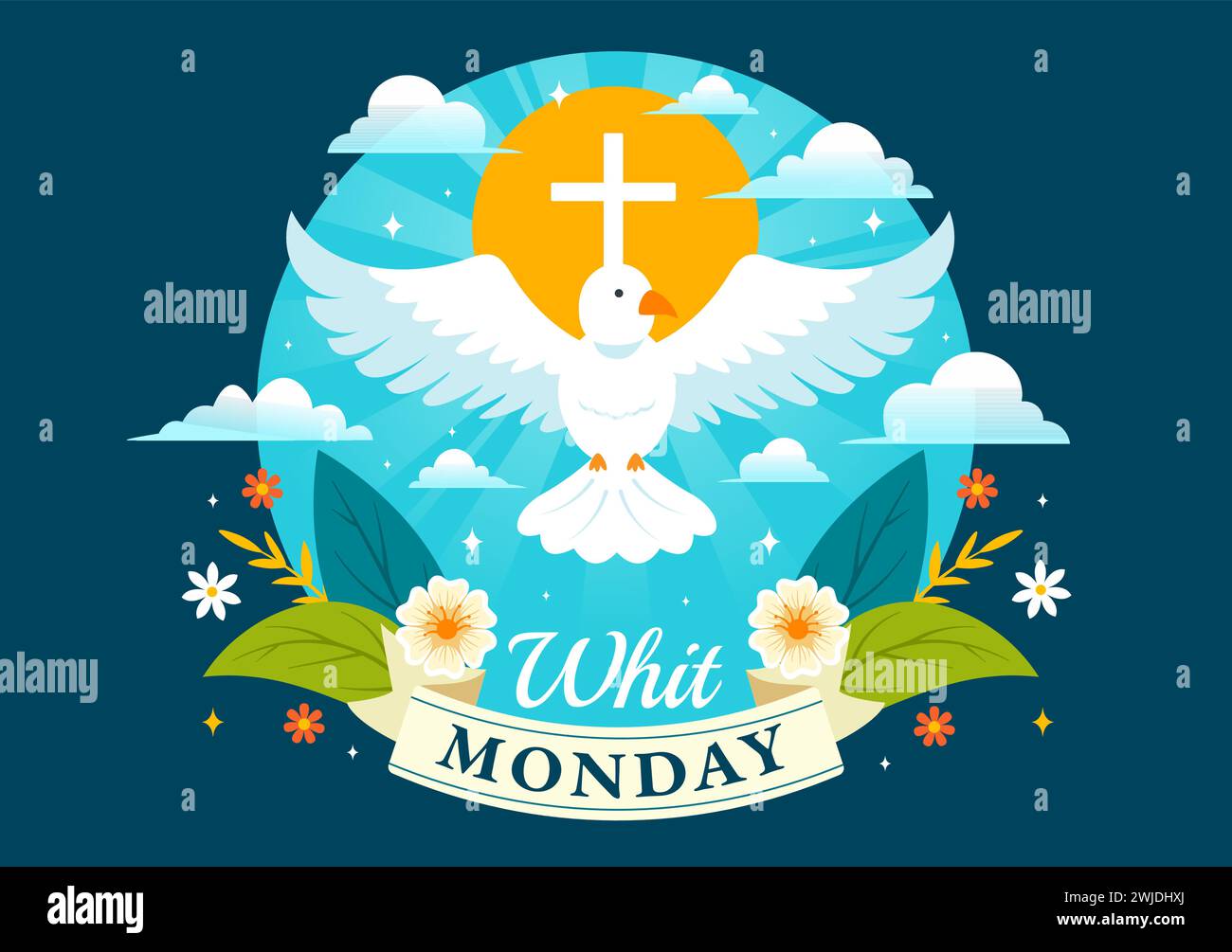 Whit Monday Vector Illustration with a Pigeon or Dove for Christian ...