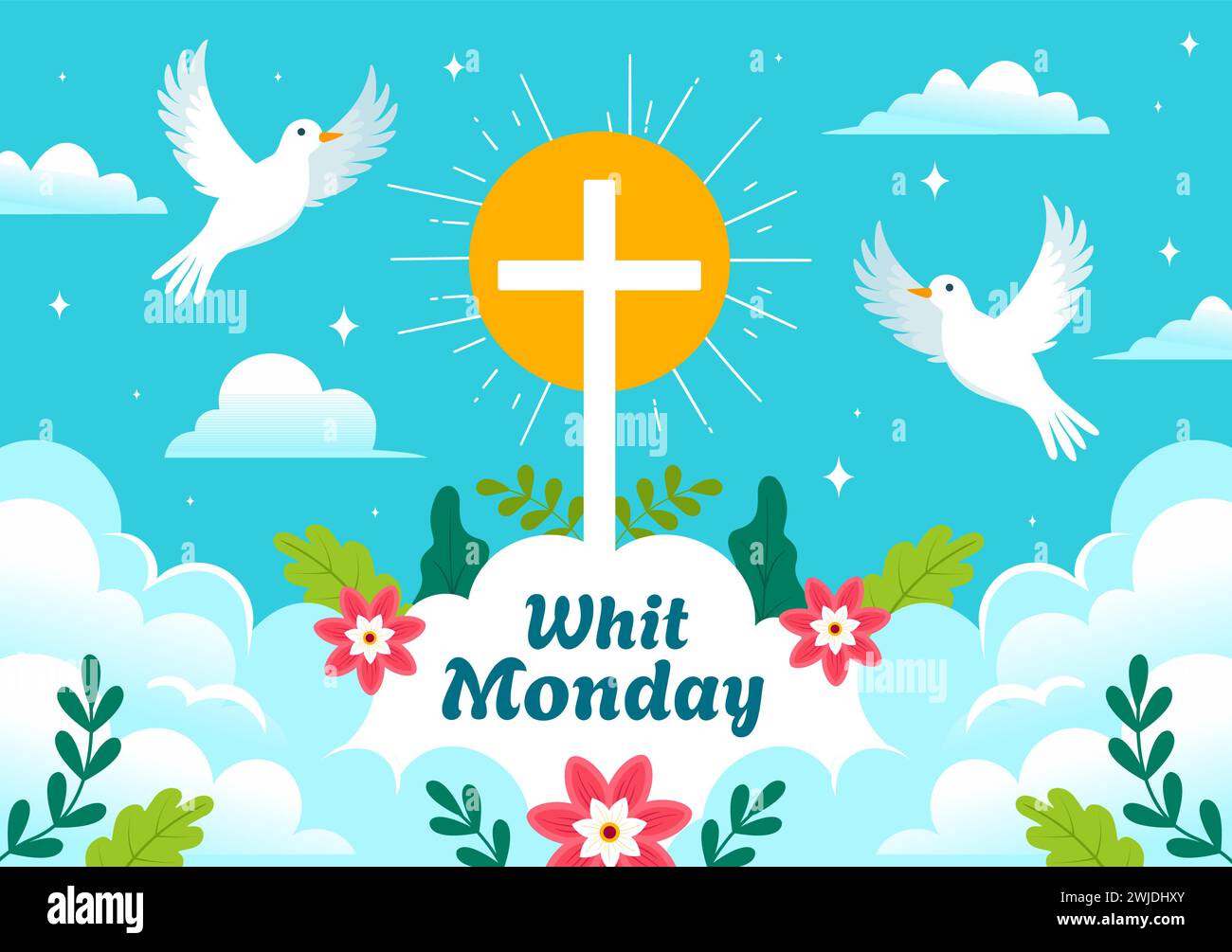 Whit Monday Vector Illustration with a Pigeon or Dove for Christian ...