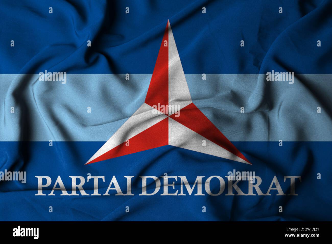 Selective focus of DEMOKRAT Party flag, with waving fabric texture. The ...