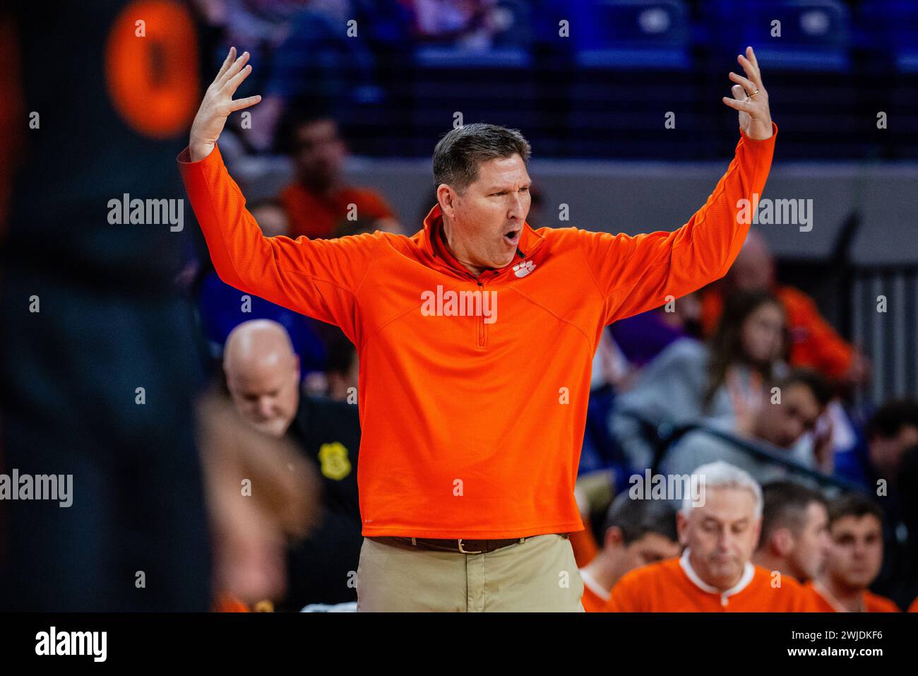 February 14, 2024: Clemson Tigers head coach Brad Brownell pumps up the ...