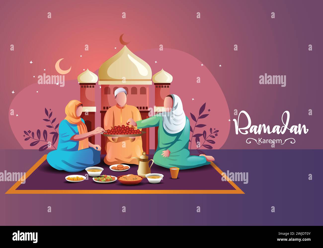 Ramadan Kareem greetings group of family people eating with Arabic ...