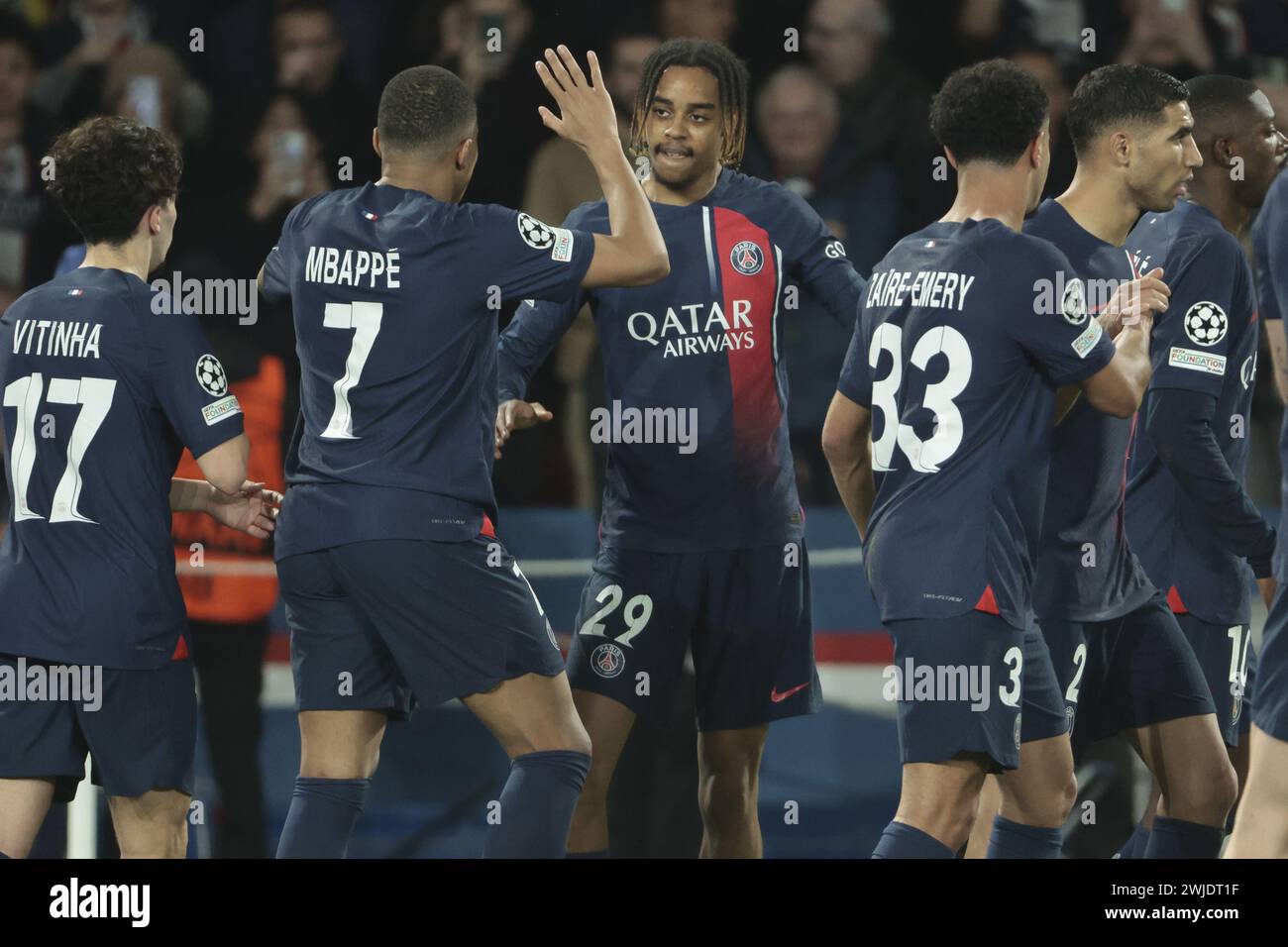 Bradley Barcola of PSG celebrates his goal with Kylian Mbappe during ...