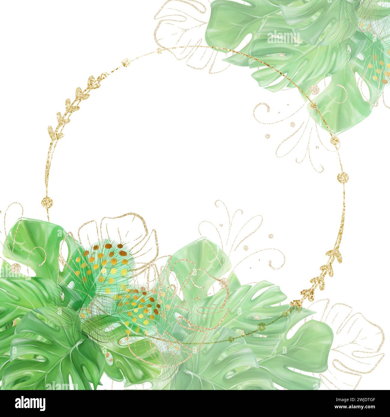 Round frame with monstera tropical leaves. Watercolor illustration ...
